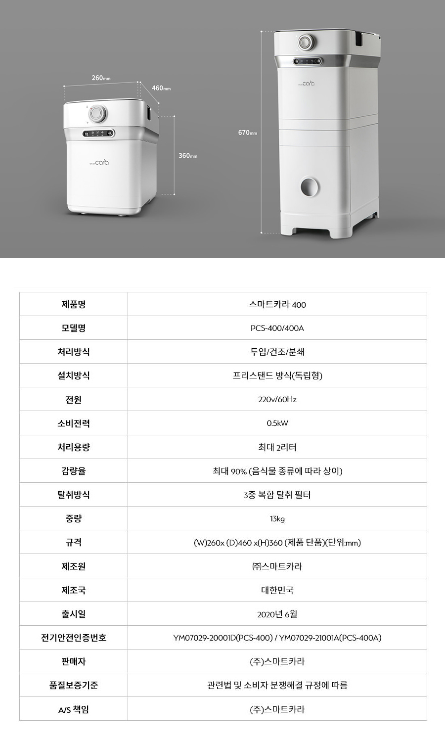 스마트카라 | [필터증정] 친환경 스마트카라 음식물처리기 PCS-400(그레이,화이트) | 갤러리아몰