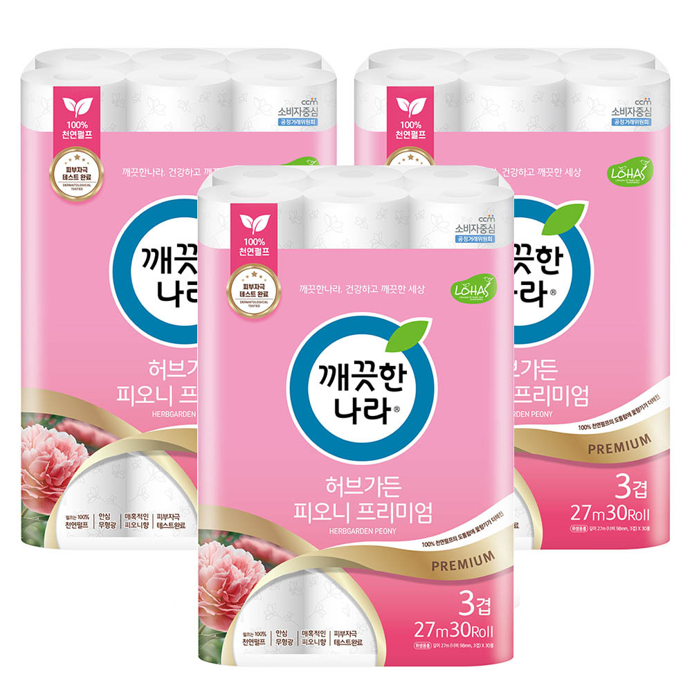 깨끗한나라 허브가든 피오니 프리미엄 27m 30롤x3팩