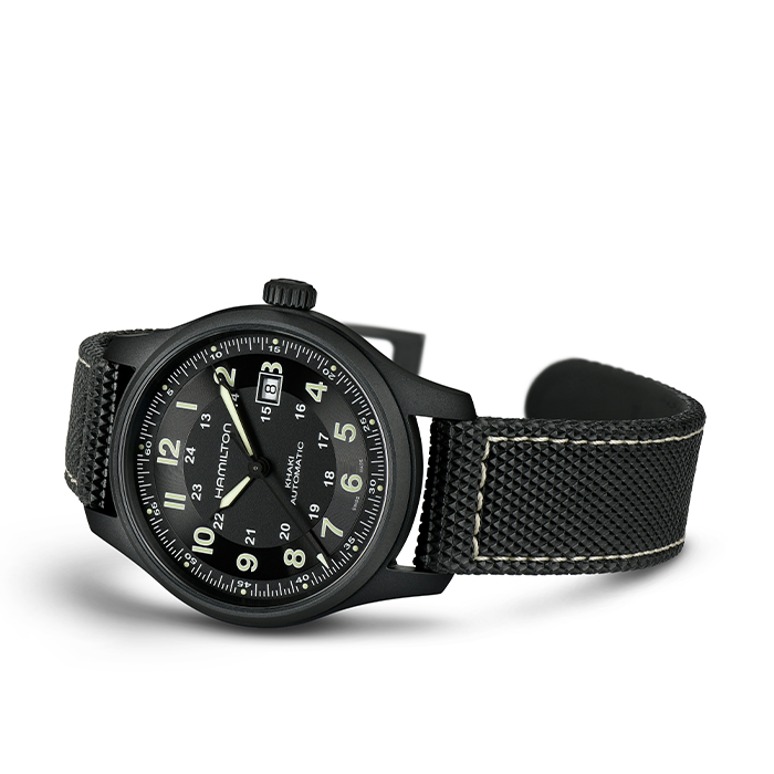 [공식]해밀턴 H70575733 카키필드 티타늄 오토 42mm 블랙 PVD 블랙 러버 스트랩